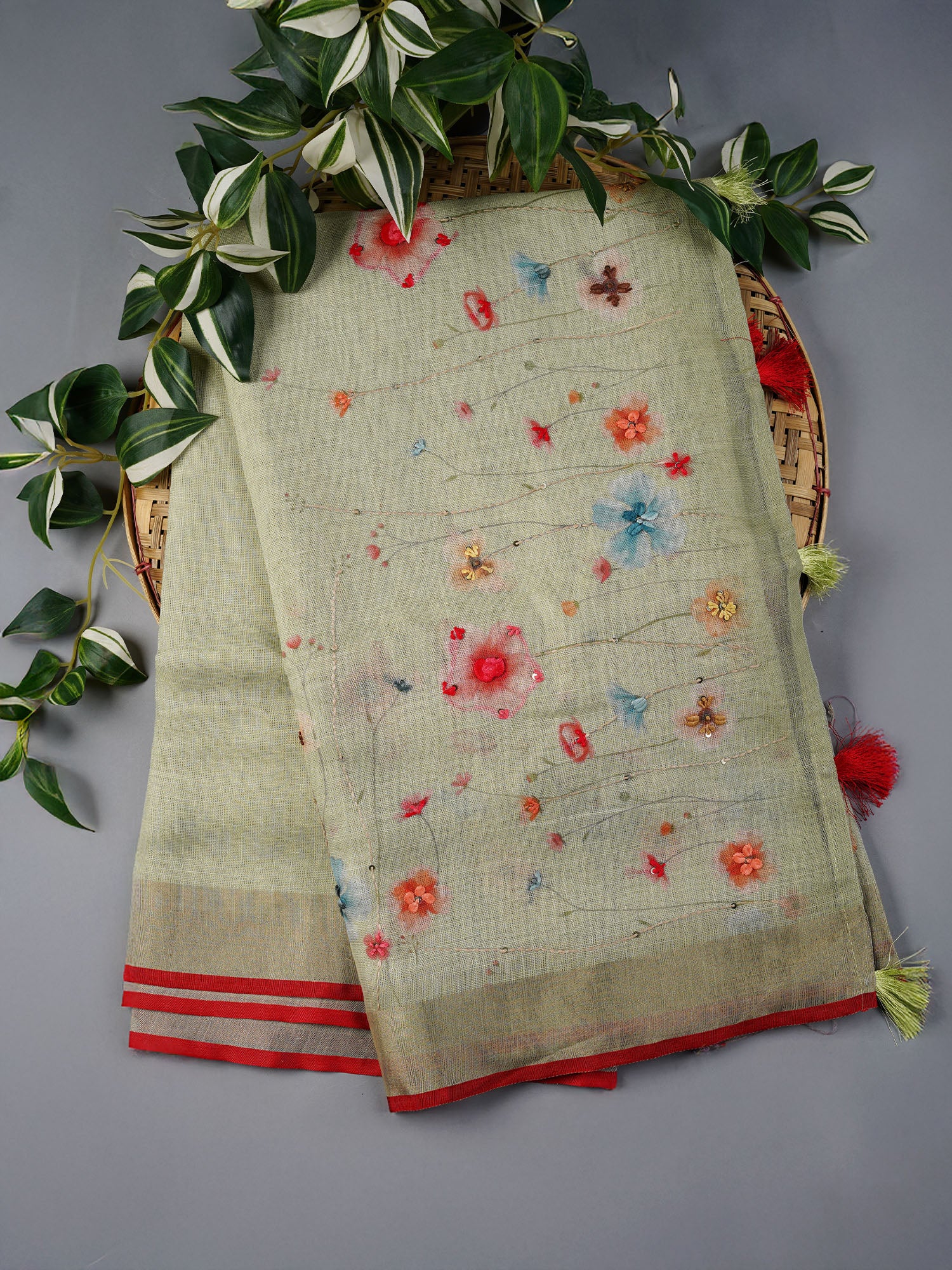 Linen Tissue Saree With Floral Print & Knot Work - Pista Green – Sirimalle