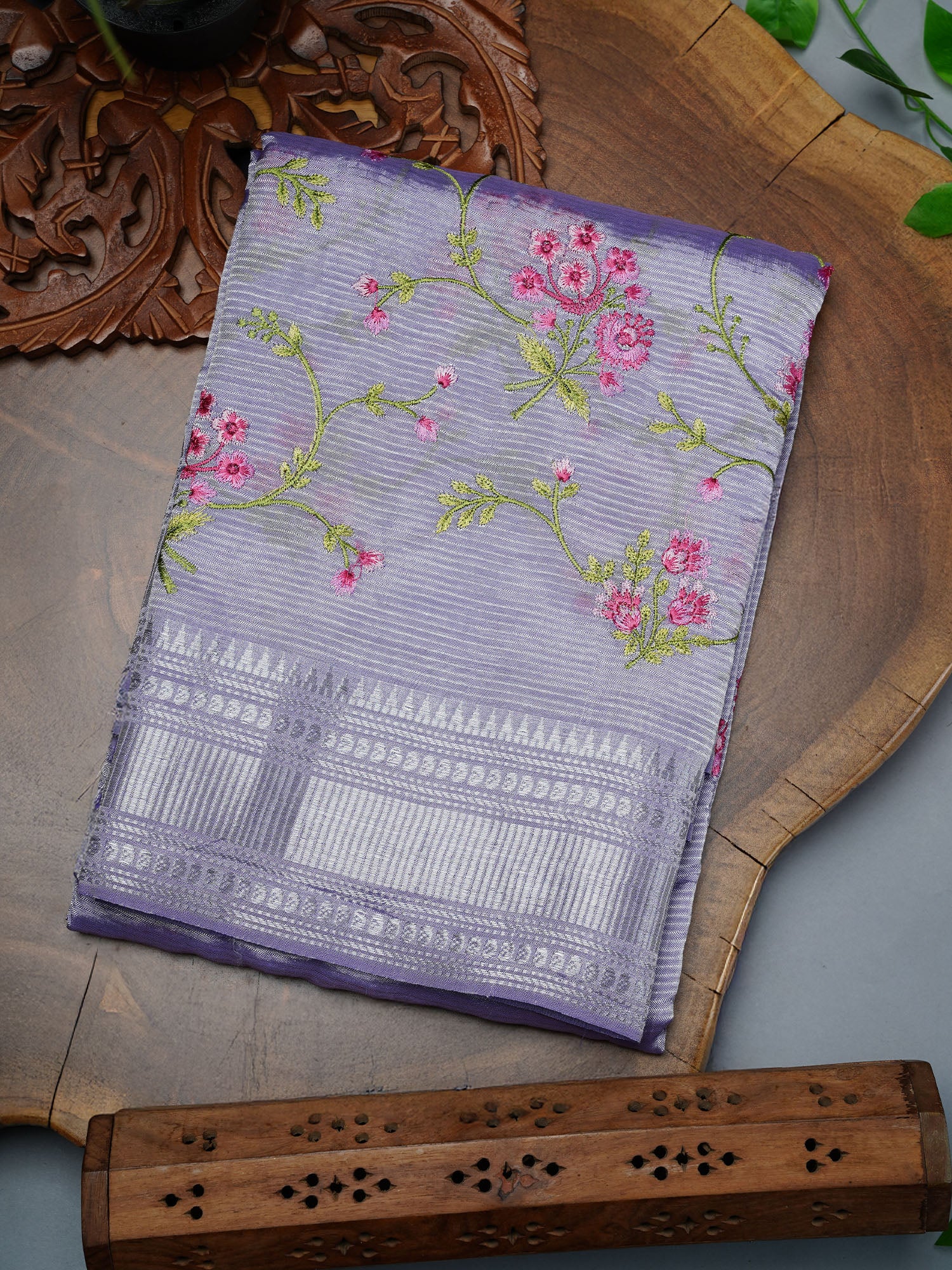 Mangalagiri Silk Saree with Thread Work and Silver Zari Border- Lavend ...